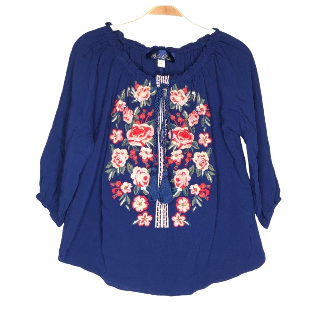 Blue Rain Flowers Embroidered Royal Blue Blouse - Gem